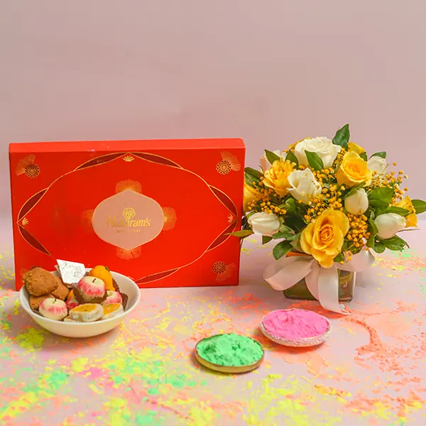 Buy/Send Mixed Roses & Mithai Celebration Hamper Online | Floraindia